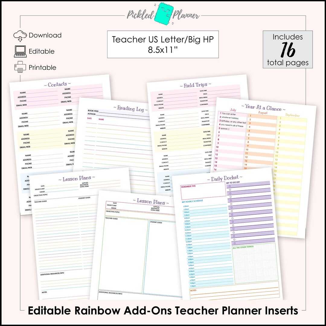 Add-ons (16 Pages) for Editable Rainbow Teacher/homeschool Planner ...