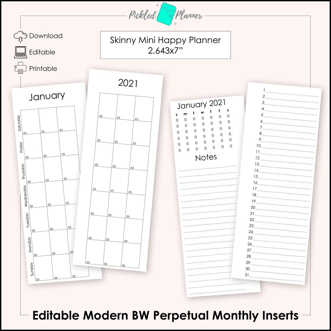 Editable Skinny Mini Modern Black & White Planner Perpetual Monthly ...