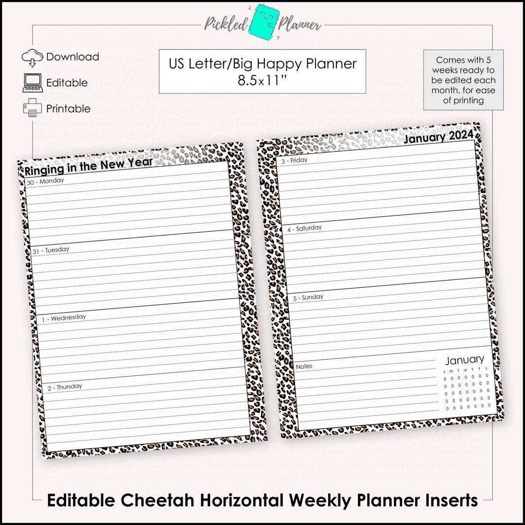 Editable Wild Cheetah Animal Print Undated, Horizontal Weekly Planner ...