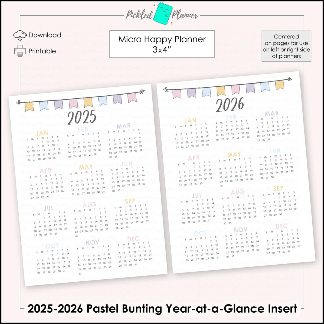 Centered Micro Pastel Bunting 2025-2026 Dated Year-at-a-glance Month ...