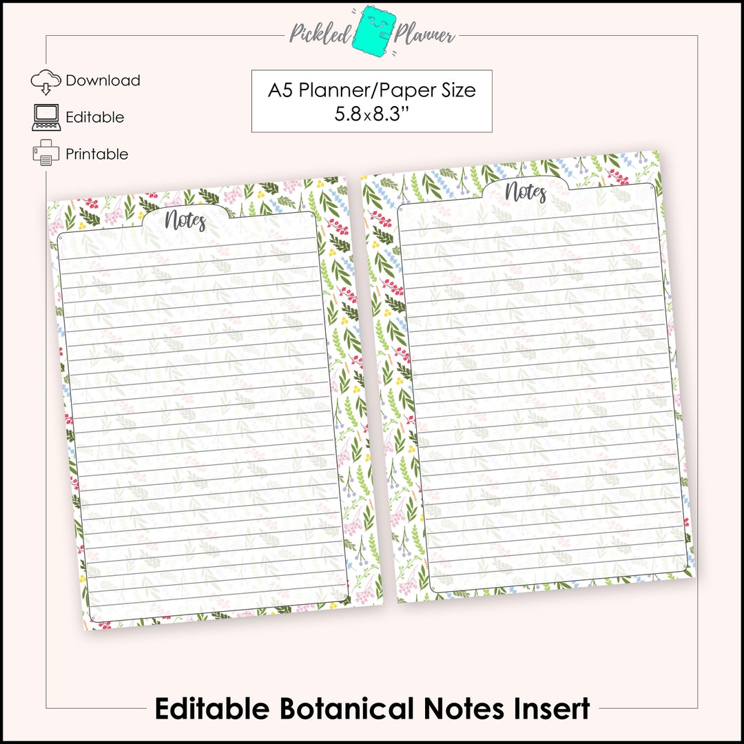 Editable Botanical Notes Printable Insert 5.8x8.3 A5 - Etsy