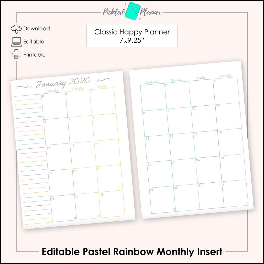 Editable Pastel Rainbow Undated Monthly Planner/binder Printable - 7x9 ...