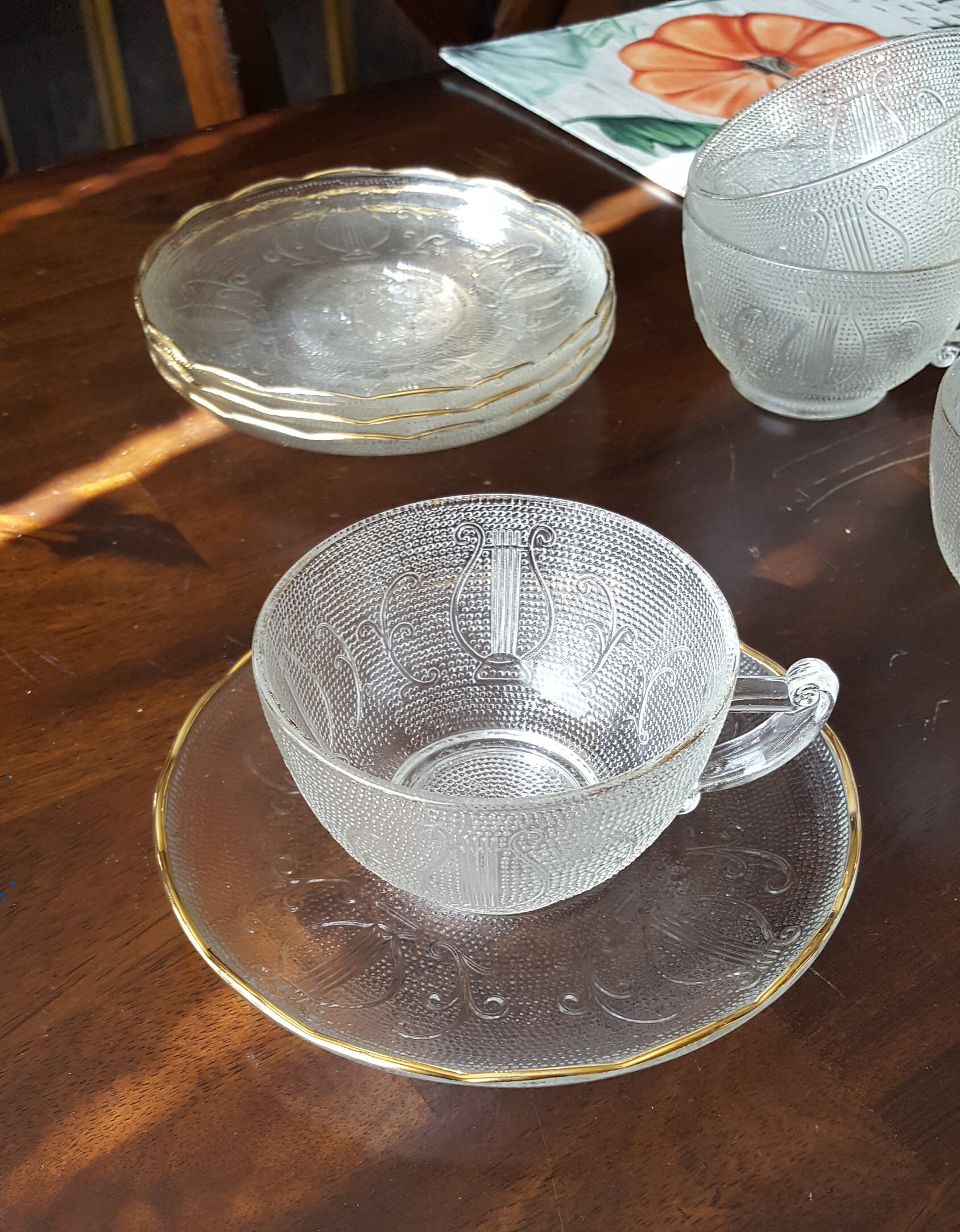 Vintage Jeanette glass company harp pattern cup and saucer with gold ...