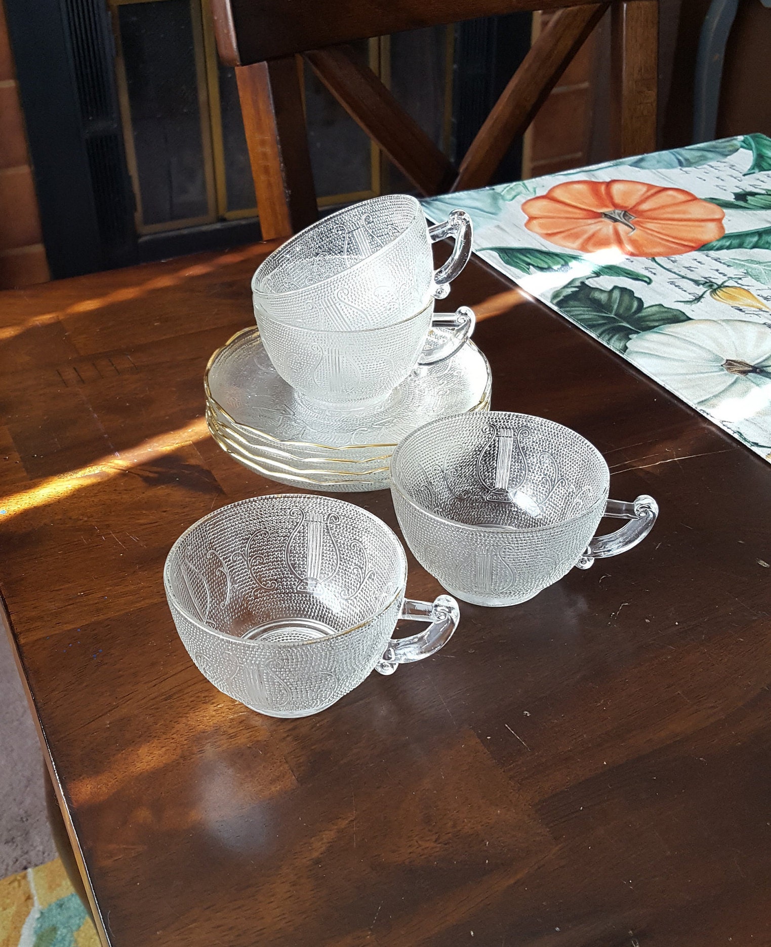 Vintage Jeanette glass company harp pattern cup and saucer with gold ...