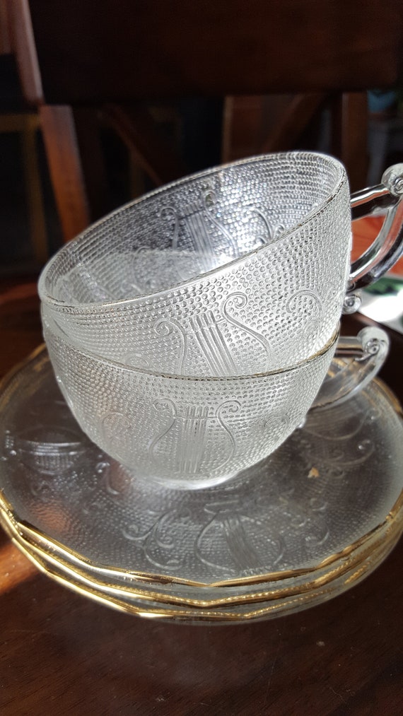 Vintage Jeanette glass company harp pattern cup and saucer with gold ...
