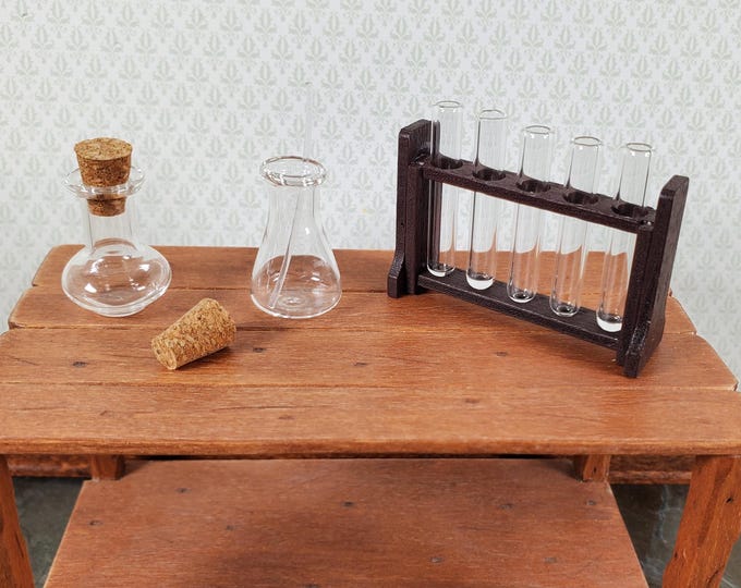 Miniature Test Tubes Beakers Glass in Wood Stand Scientist Lab 1:12 ...