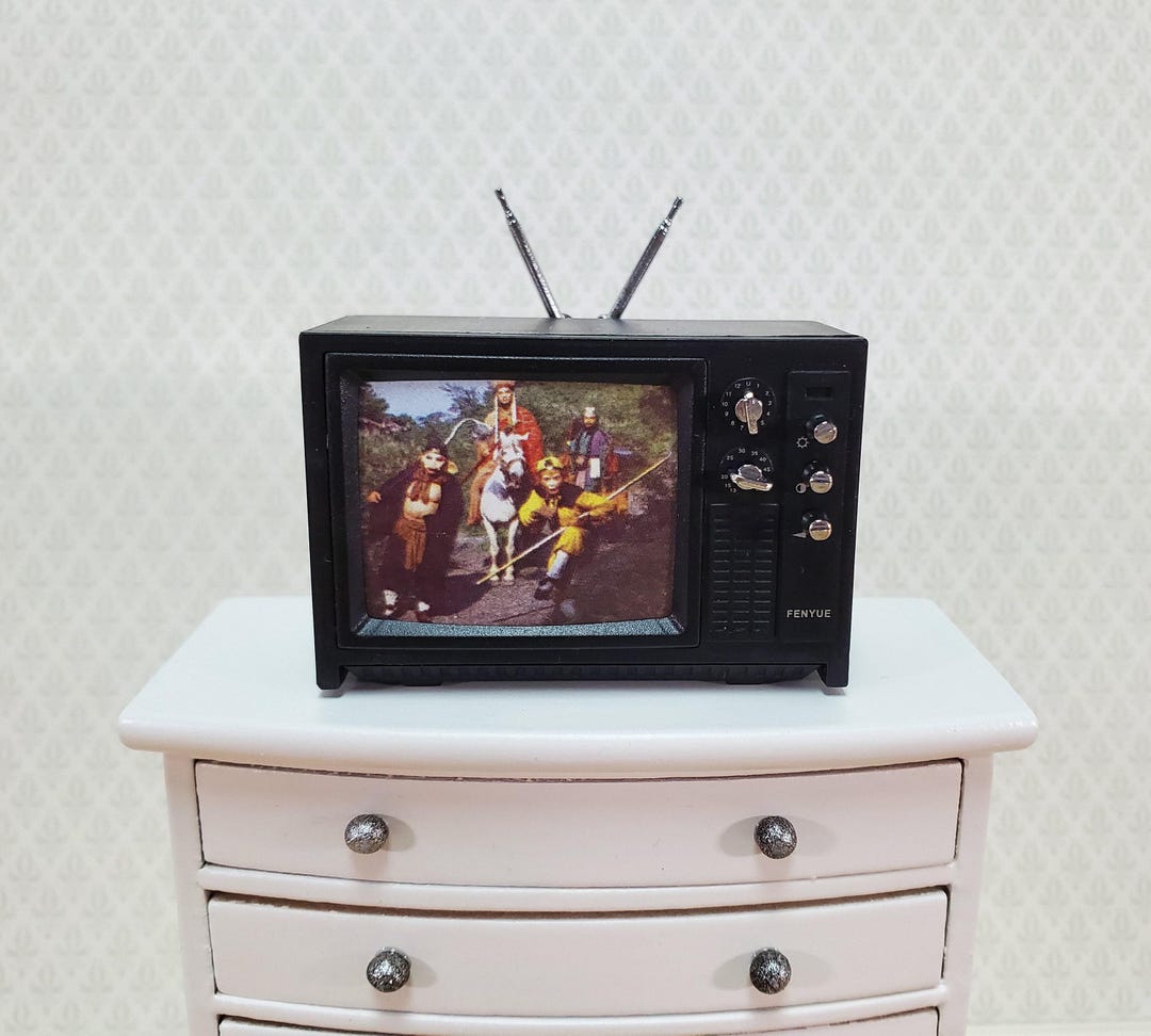 Dollhouse Television TV Set Retro 1970s Style Black Miniature Accessory ...