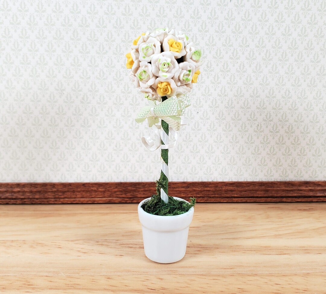 Dollhouse White Rose Wedding Topiary in a White Ceramic Pot 1:12 Scale ...