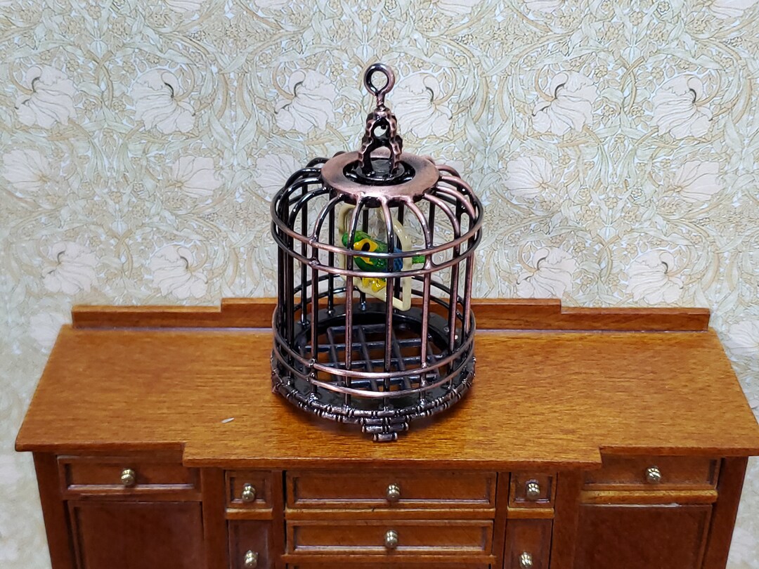 Dollhouse Birdcage With Parrot or Parakeet Bird Bronze Metal Cage ...