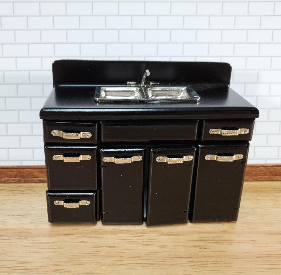 Dollhouse 1950s Kitchen Sink With Cabinet Retro Style BLACK 1:12 Scale ...