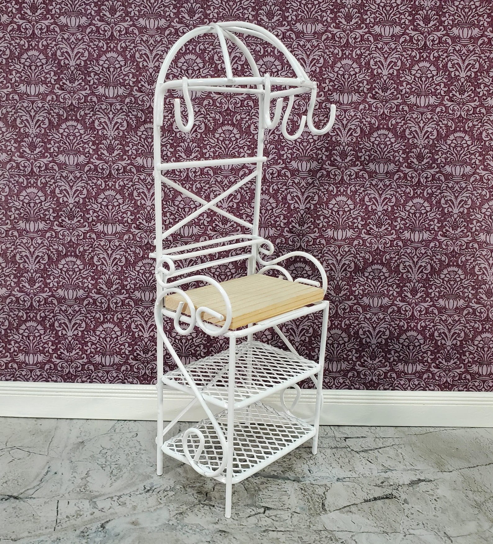 Dollhouse Metal Kitchen Rack With Shelves Pan Hooks White 1:12 Scale ...