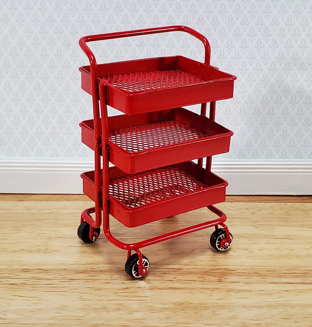 Dollhouse Metal Craft Cart Red 3 Tier Moving Wheels 1:12 Scale Modern ...