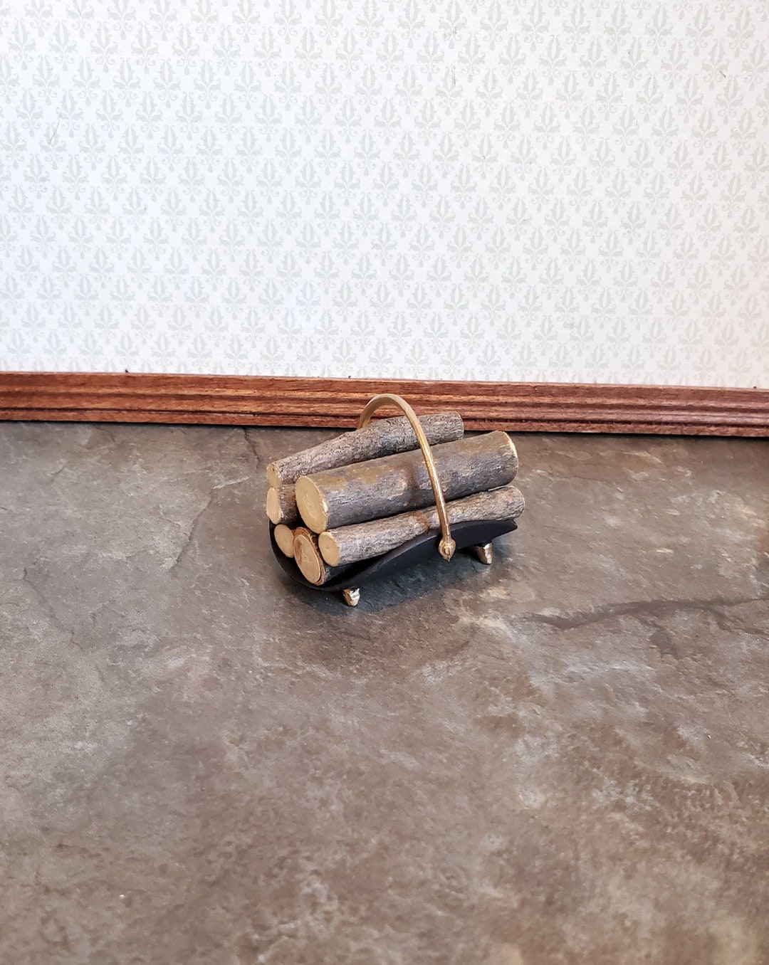 Dollhouse Miniature Fireplace Log Rack Holder With Logs Black Gold ...