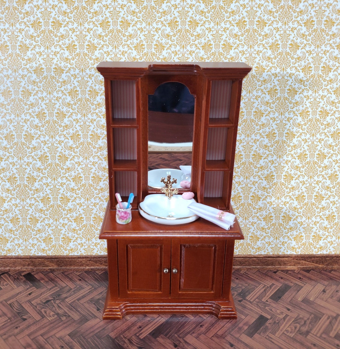 Dollhouse Reutter Tall Bathroom Sink Cabinet Walnut Finish 1:12 Scale ...