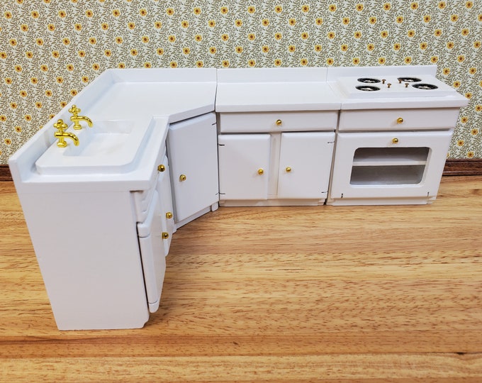 Dollhouse Kitchen Set WHITE Sink Stove Cabinets 1:12 Scale Miniature ...