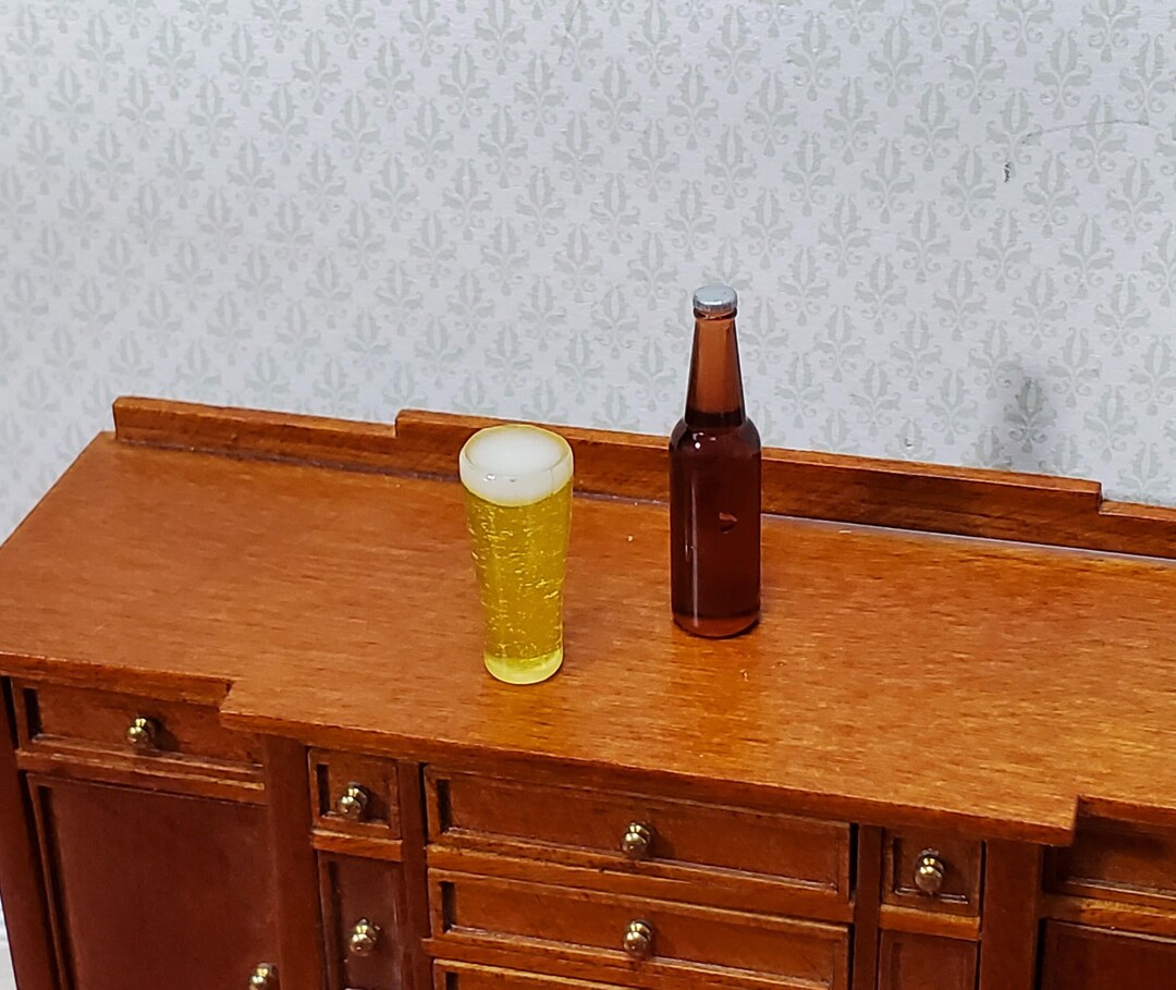 Dollhouse Beer Bottle Brown Ale and Filled Glass Foamy Head Large ...