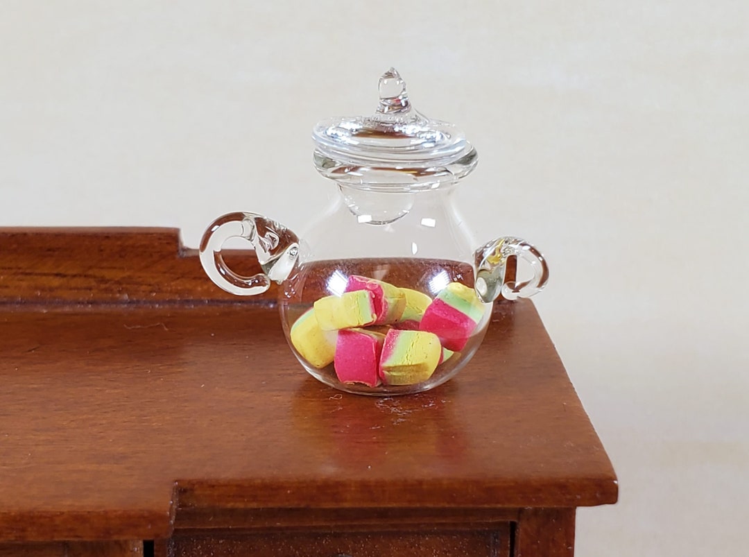 Dollhouse Candy Jar With Treats Inside Handles and Lid Clear Glass Pot ...