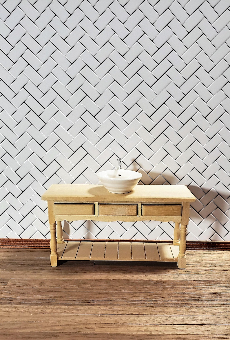 Dollhouse Subway Tile Herringbone White Embossed Glossy Card 1:12 Dark ...