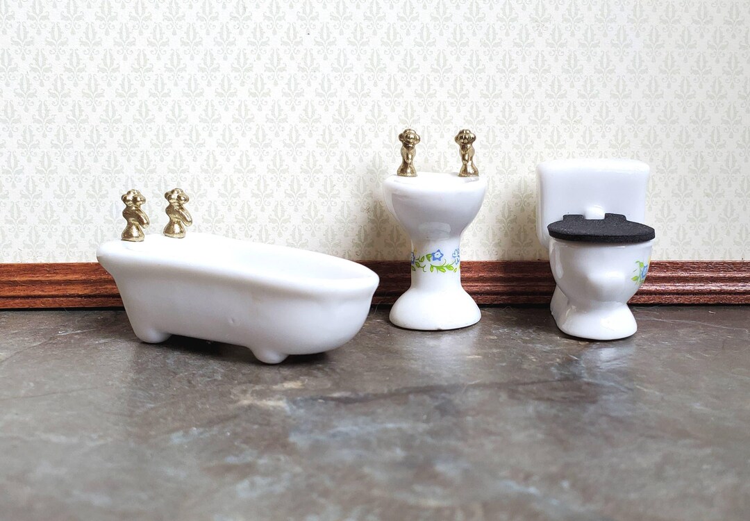 Dollhouse Miniature HALF SCALE Bathroom Set Tub Toilet Sink White 1:24 ...