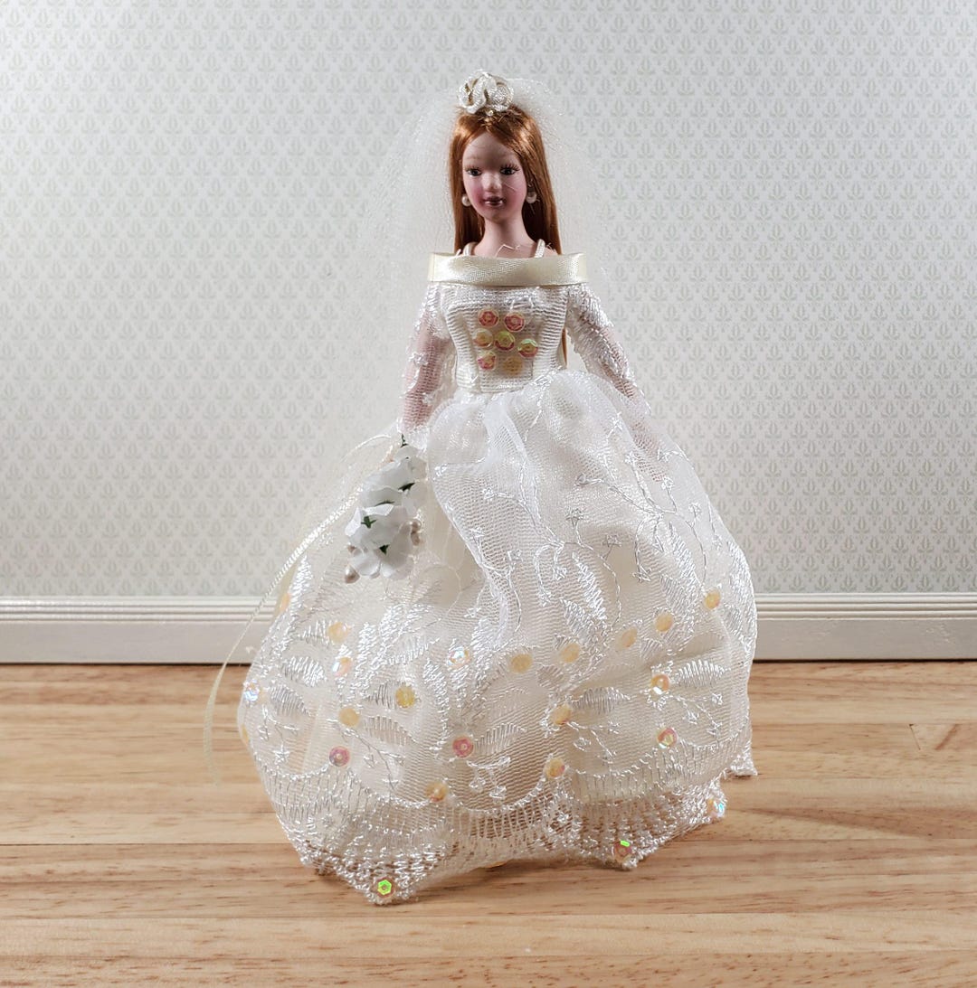 Dollhouse Bride in Wedding Dress Veil Doll Porcelain Female Woman 1:12 ...