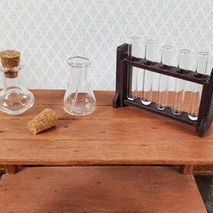 Miniature Test Tubes Beakers Glass in Wood Stand Scientist Lab 1:12 ...