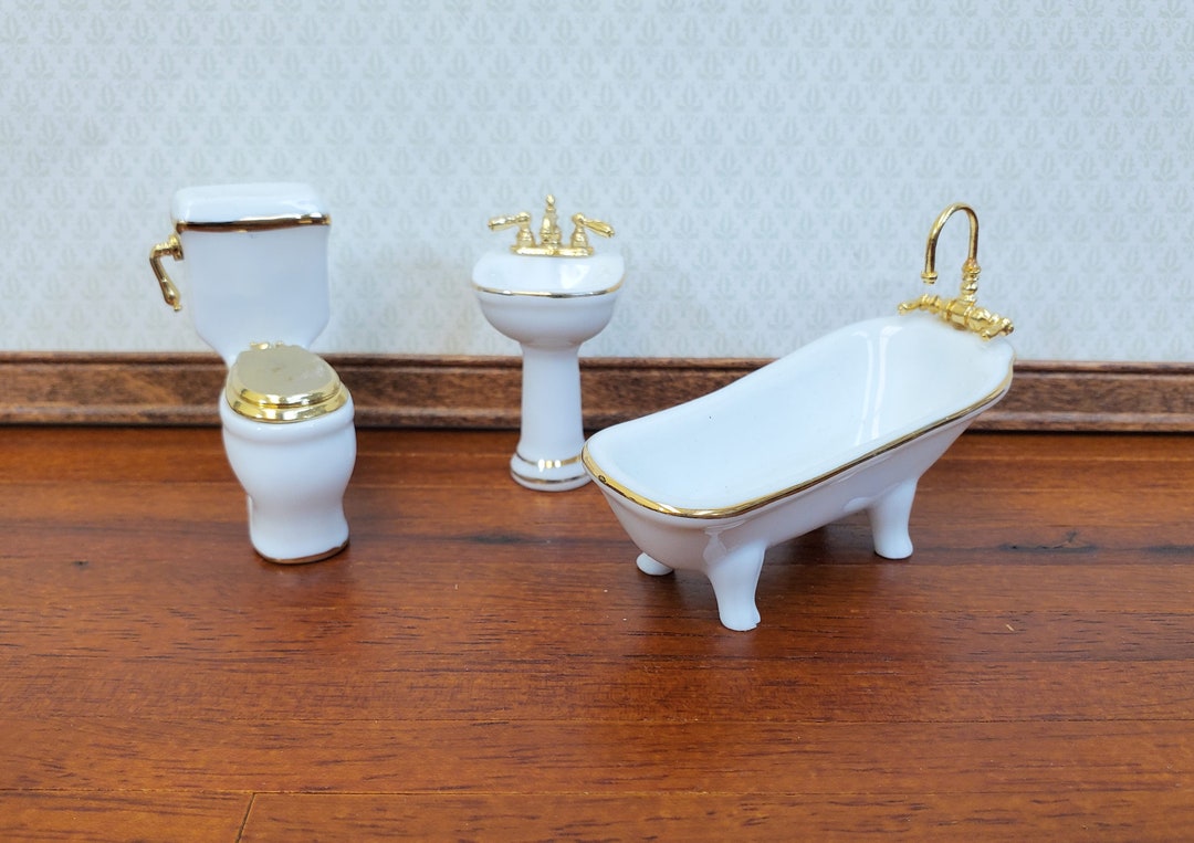 Dollhouse HALF SCALE Bathroom Set Reutter Porcelain Tub Toilet Sink 1: ...