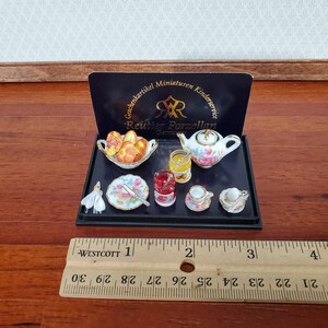 Miniature Breakfast Tea Set Reutter Porcelain Bread Jam Teapot 1:12 ...