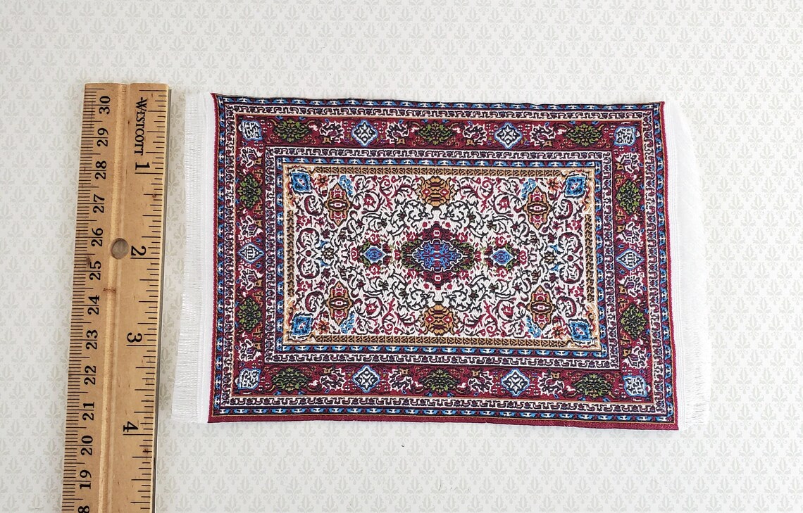 Dollhouse Miniature Rug Small Maroon 6 1/4" X 3 3/4" With Fringe 1:12 ...
