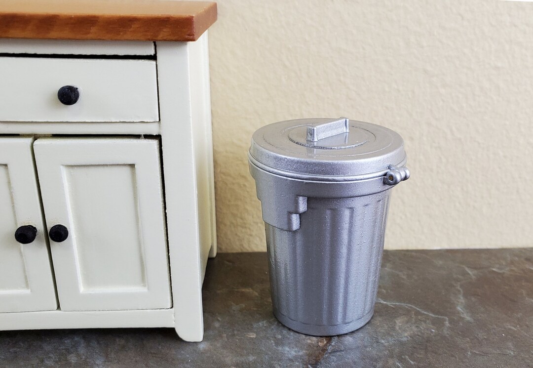 Dollhouse Miniature Garbage Can Waste Paper Baskets Metal Opening Lid 1 ...