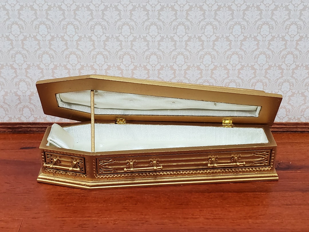 JBM Miniature Coffin Ornate Opens Lined Gold Finished Wood Dollhouse 6 ...