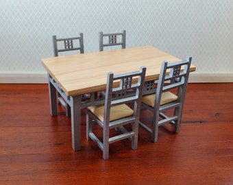 Dining Table in Blue and Oak, Four Chairs, and Accessories for 1:12 ...