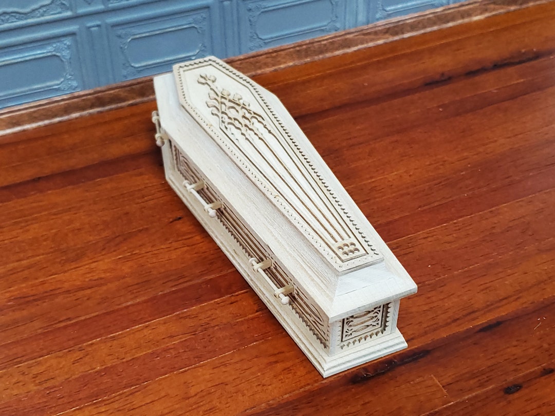JBM Miniature Coffin Ornate Opens Lined Unpainted Wood Dollhouse 6 ...