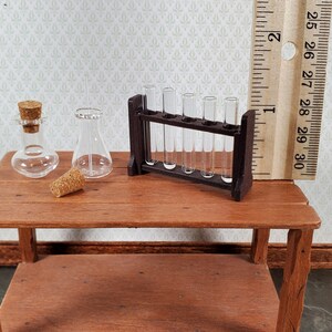 Miniature Test Tubes Beakers Glass in Wood Stand Scientist Lab 1:12 ...