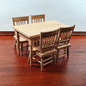 Dollhouse Kitchen Table & 4 Chairs Set Light Oak Finish 1:12 Scale ...