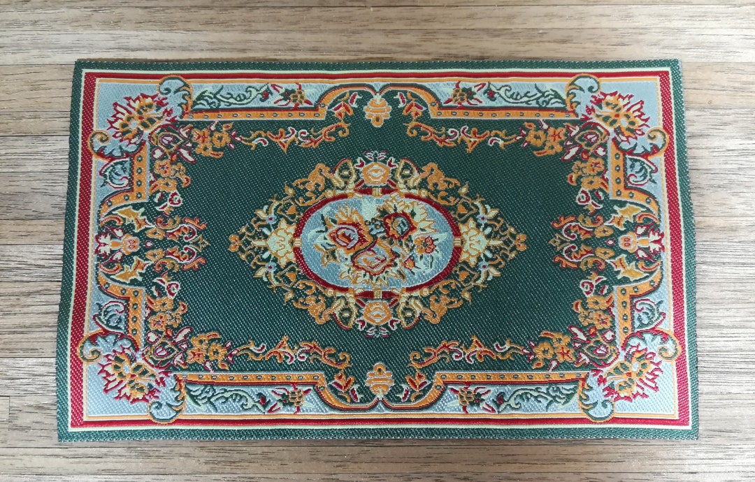 Dollhouse Miniature Rug Green Blue Maroon 5 5/8" X 4" Woven Fabric 1:12 ...