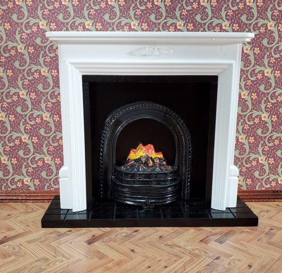 Dollhouse Large Fireplace With Fire Inside White Finish 1 12 Scale Miniature Furniture Etsy Australia