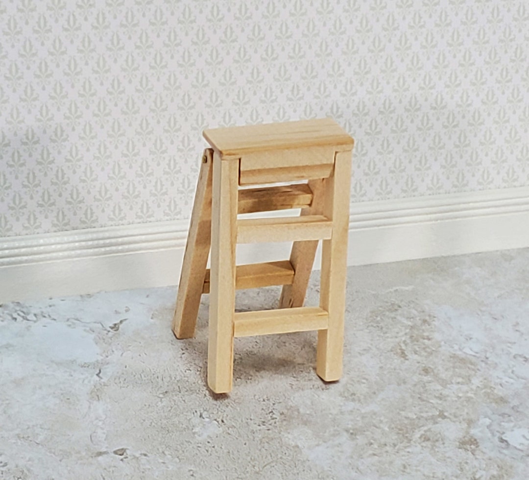 Dollhouse Step Ladder 3 Steps Unpainted Wood 1:12 Scale Miniature Opens ...