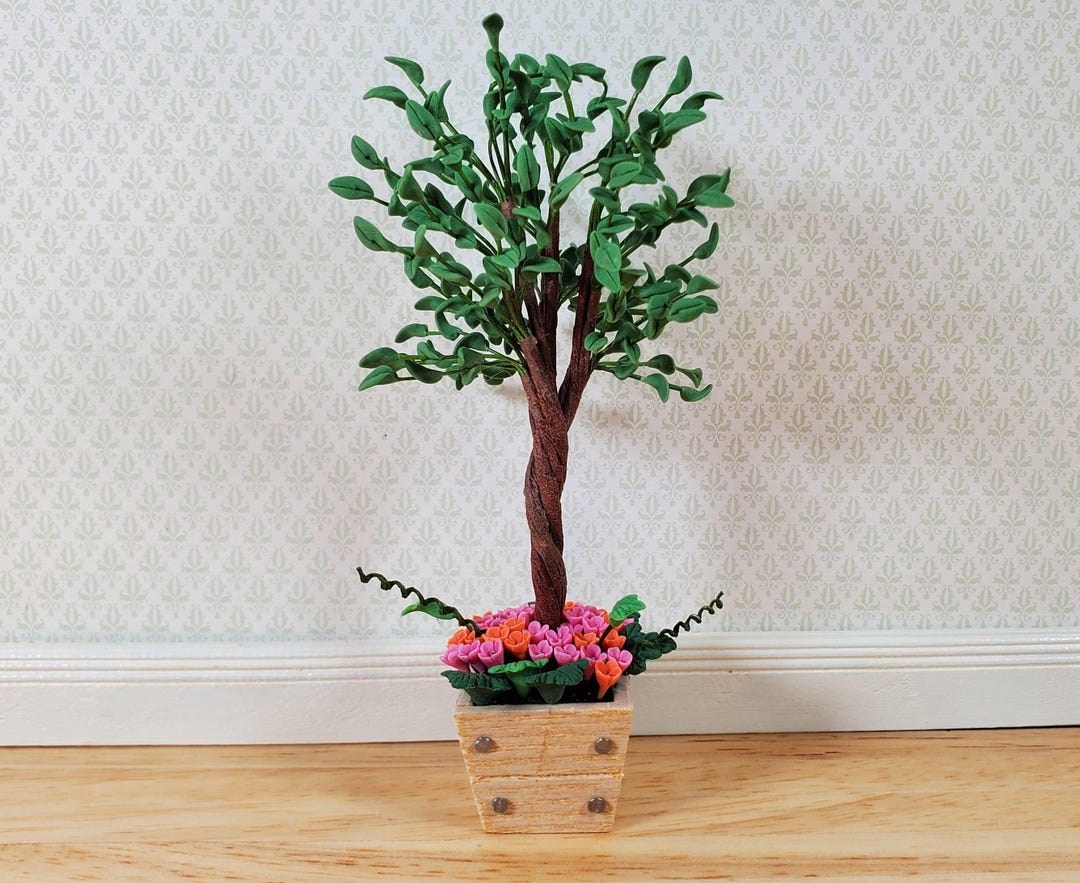 Dollhouse Large Ficus Tree in Square Wooden Flower Planter 1:12 Scale ...