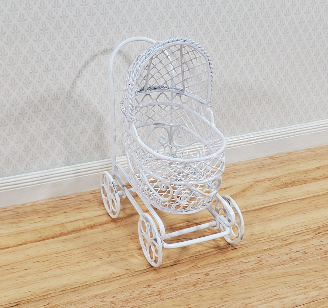 Dollhouse Pram Stroller Carriage White Metal Wire 1:12 Scale Nursery ...