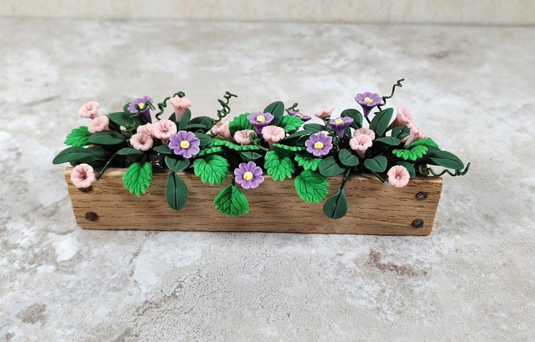 Dollhouse Pink & Purple Trumpet Flowers in a Wood Planter 1:12 Scale ...