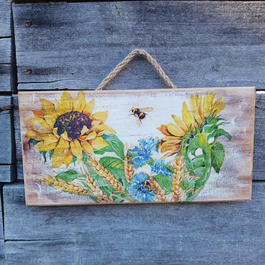 Sunflower Garden, Sunflowers on Wood, French Country Décor, Yellow Wall ...