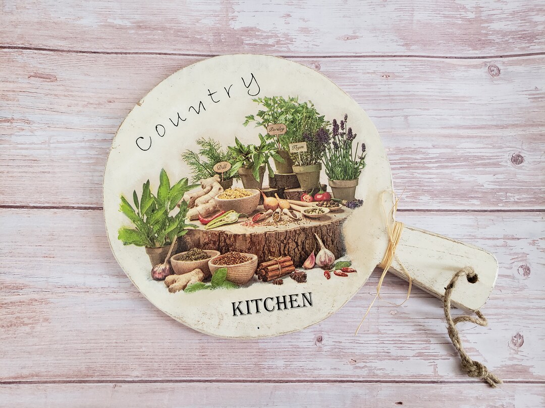 Decorative Cutting Board, Spices Décor, Herbs on Wood, Rustic Kitchen ...