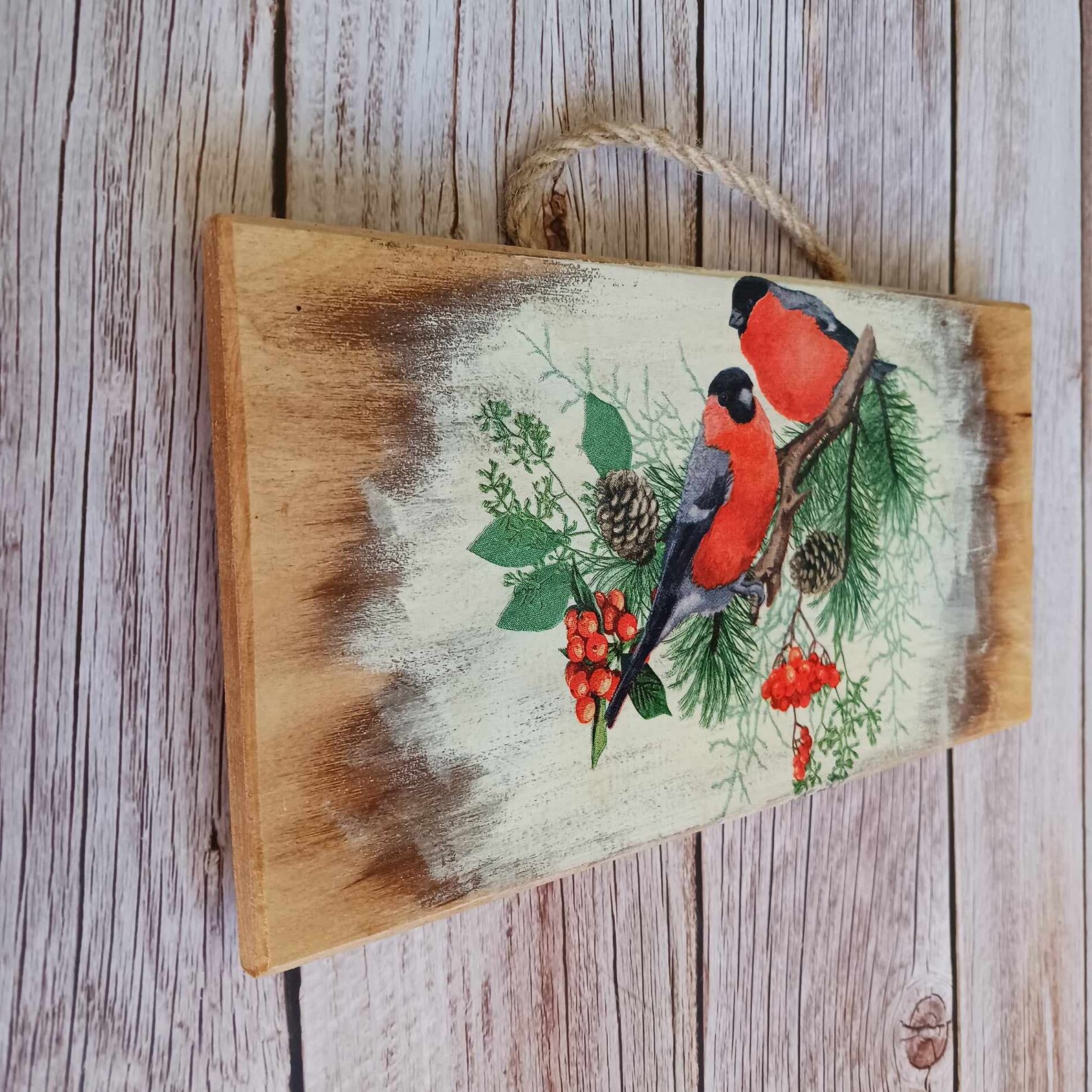 Wall Plank With Red Finches, Kitchen Decor, Wooden Plaque With Birds ...