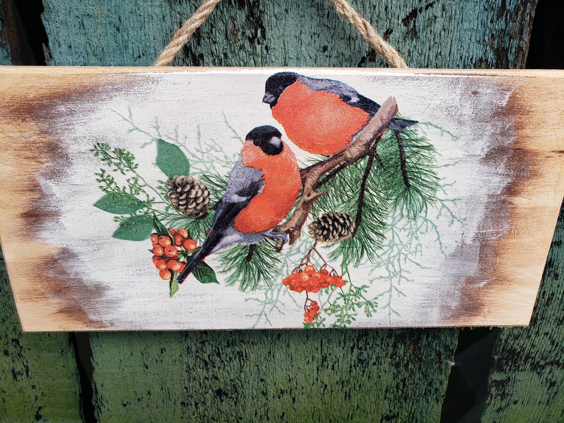 Wall Plank With Red Finches Kitchen Decor Wooden Plaque With - Etsy