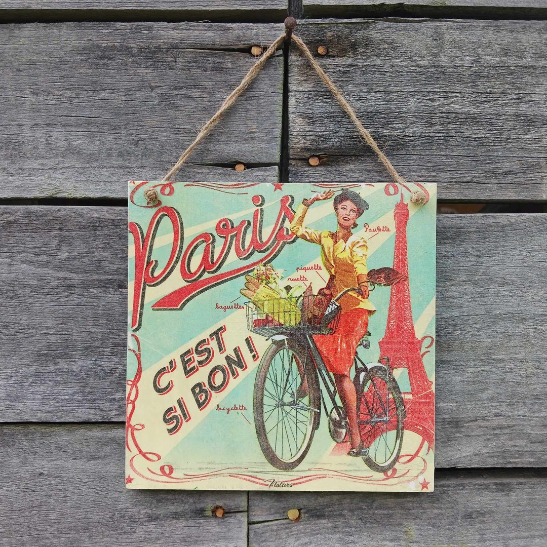 Paris Wall Sign, Vintage Looking Sign, Girl With Bicycle, Cest Si Bon ...
