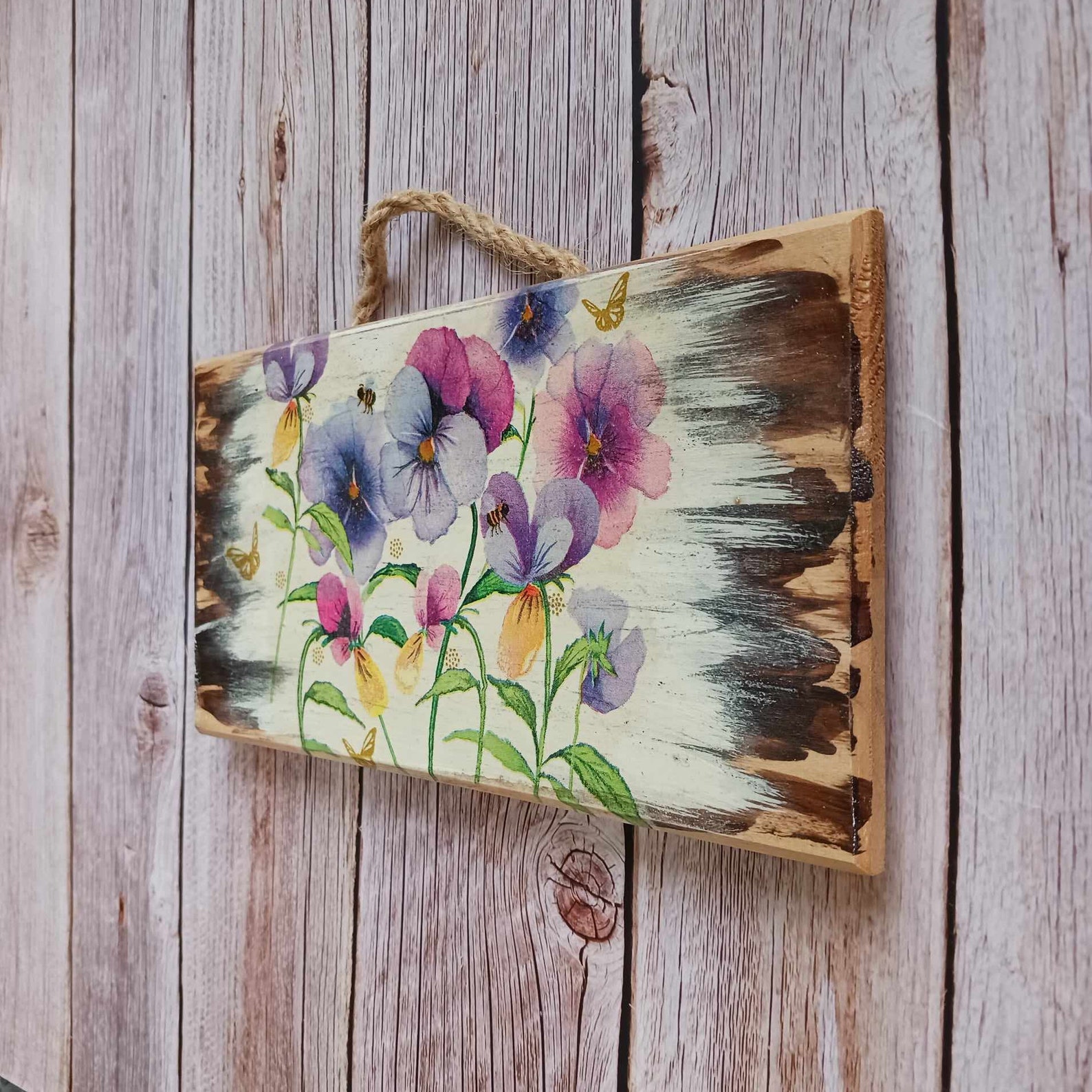Rustic Pansy Wood Sign, Handcrafted Floral Decoupage Plaque - Etsy