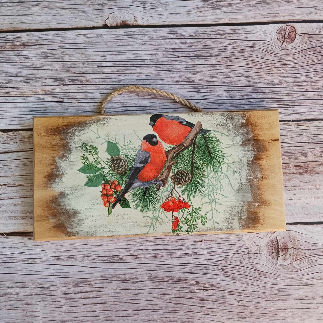 Wall Plank With Red Finches, Kitchen Decor, Wooden Plaque With Birds ...