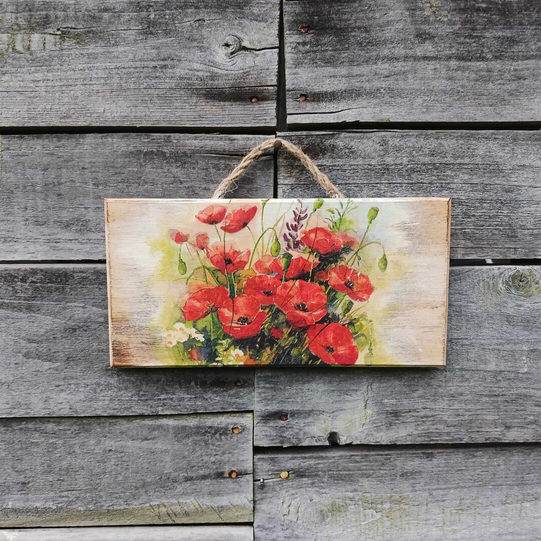 Red Poppies on Wood, Rustic Wall Decor, Kitchen Wall Decor, Flower Wall ...