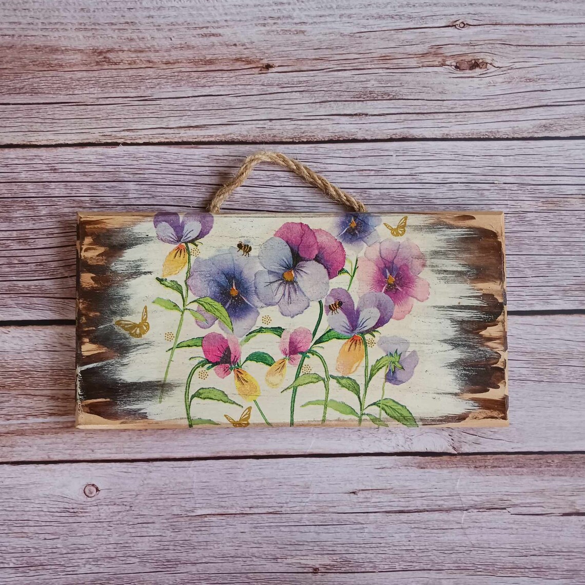 Rustic Pansy Wood Sign, Handcrafted Floral Decoupage Plaque - Etsy