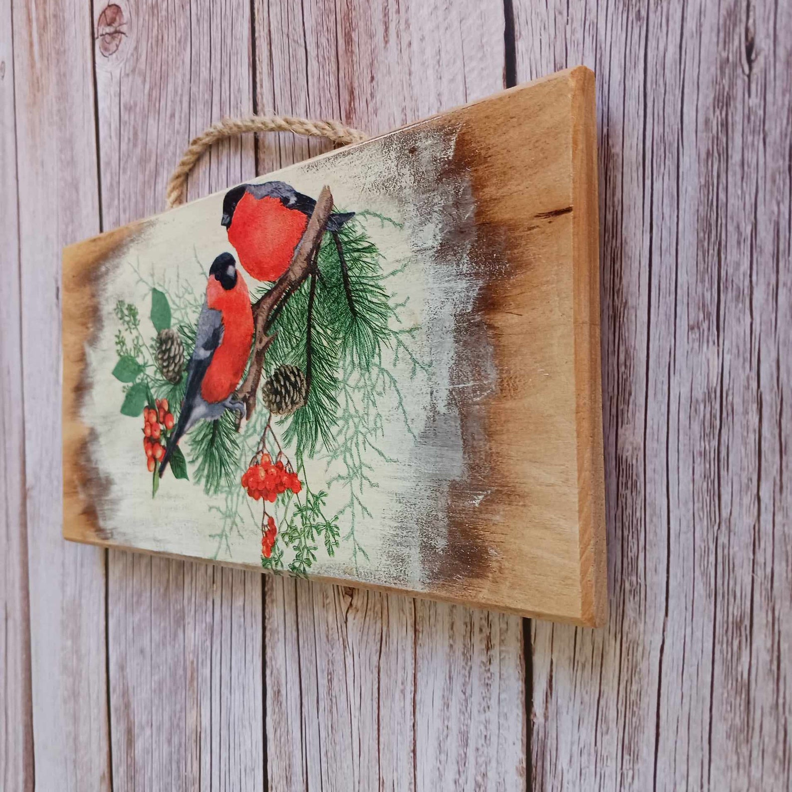 Wall Plank With Red Finches, Kitchen Decor, Wooden Plaque With Birds ...